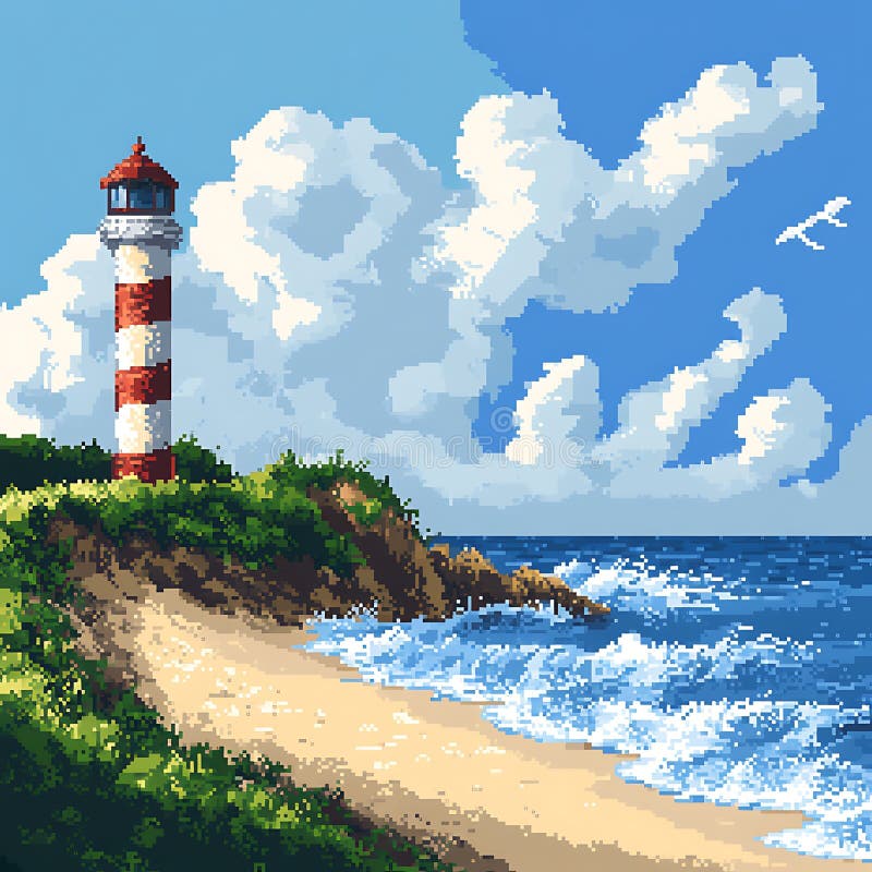 Pixelated Lighthouse on a Sunny Beach Stock Illustration - Illustration ...