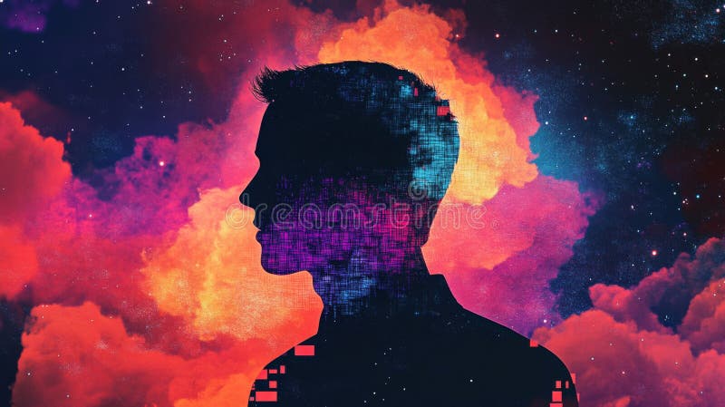 Pixelated Man Silhouette Against Vibrant Cosmic Background Stock ...