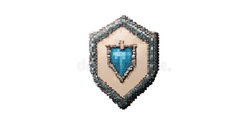 Pixelated Medieval Shield Icon with Blue Emblem. Retro Gaming and ...