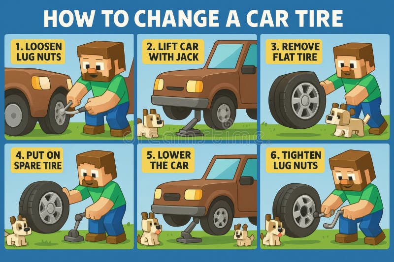 Pixelated Minecraft Tutorial Illustrating Changing a Flat Car Tire with ...