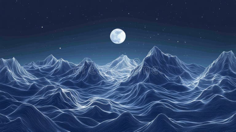 Pixelated Mountainscape Under a Full Moon at Night Stock Illustration ...
