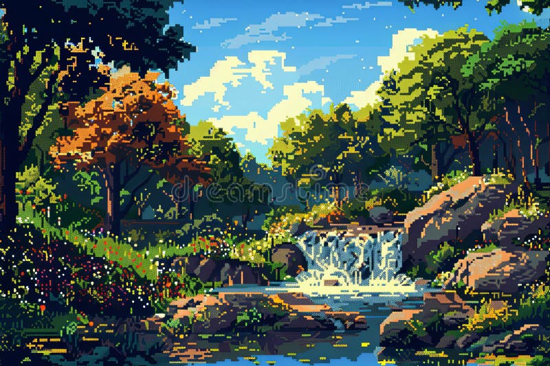 Pixelated Nature Landscape Featuring Serene Beauty and Detailed ...