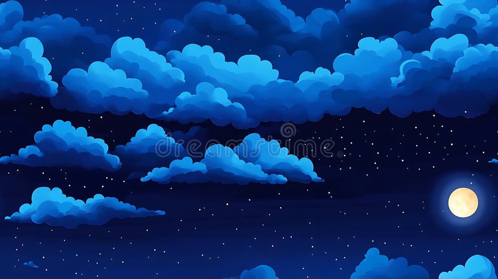 Pixelated Night Sky with Blue Clouds and Full Moon Stock Illustration ...