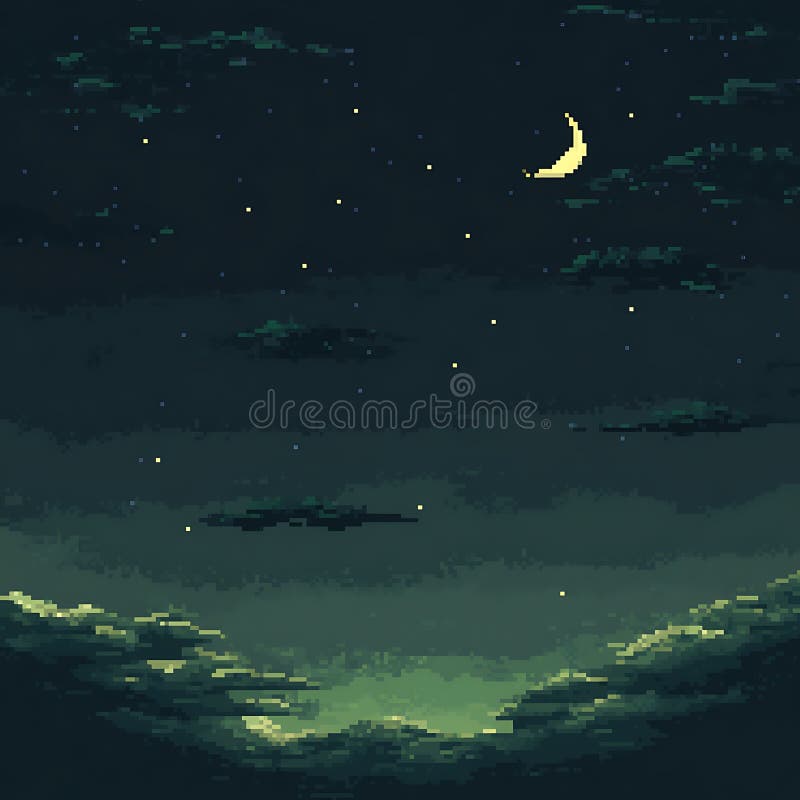 Pixelated Night Sky with Crescent Moon and Stars Stock Illustration ...