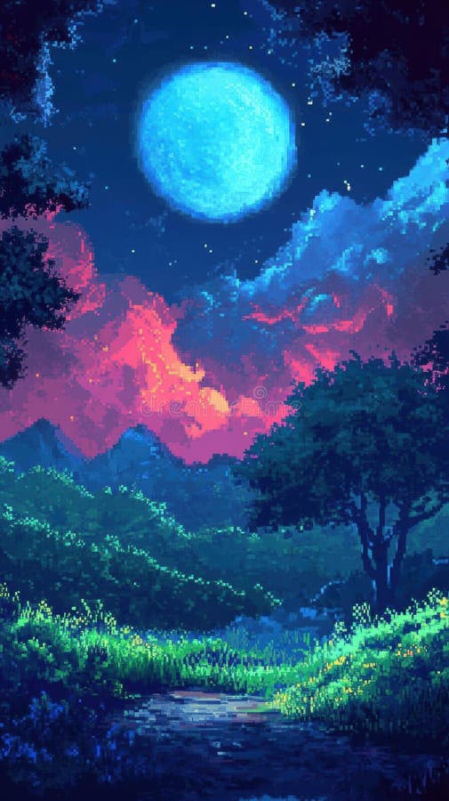 Pixelated Night Sky with a Giant Blue Moon Stock Illustration ...