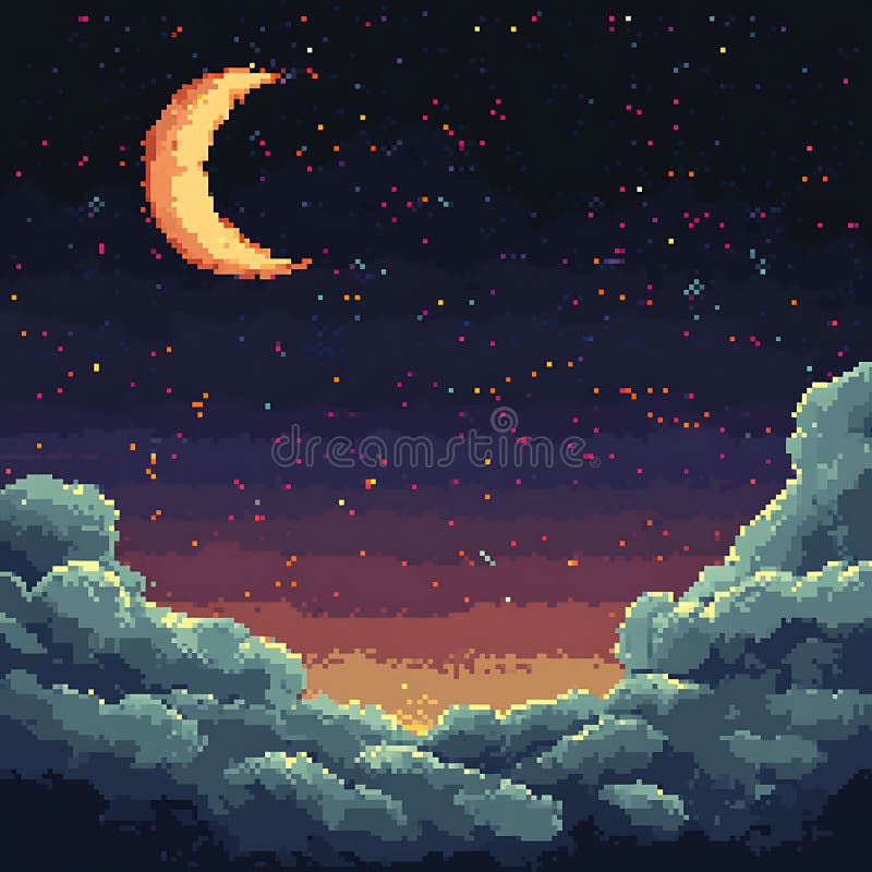 Pixelated Night Sky with Moon and Stars Over Clouds Stock Illustration ...