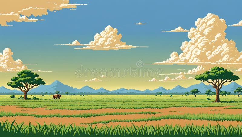 Pixelated Oasis Serene Savanna Plains Landscape Stock Illustration ...