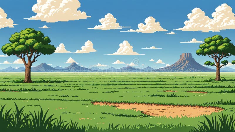 Pixelated Oasis Serene Savanna Plains Landscape Stock Illustration ...