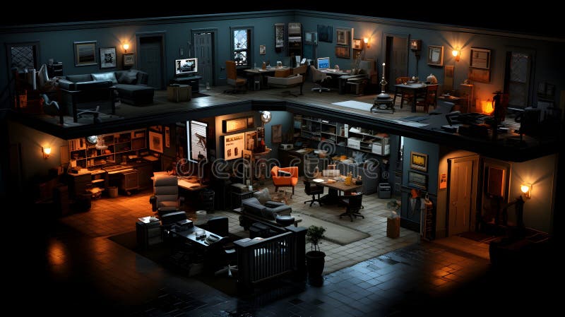 Pixelated Open Office Interior with Multiple Desks Chairs and Dim ...