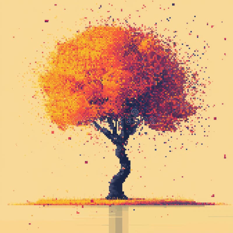 Pixelated Orange Tree on a Minimal Reflective Platform Stock Photo ...