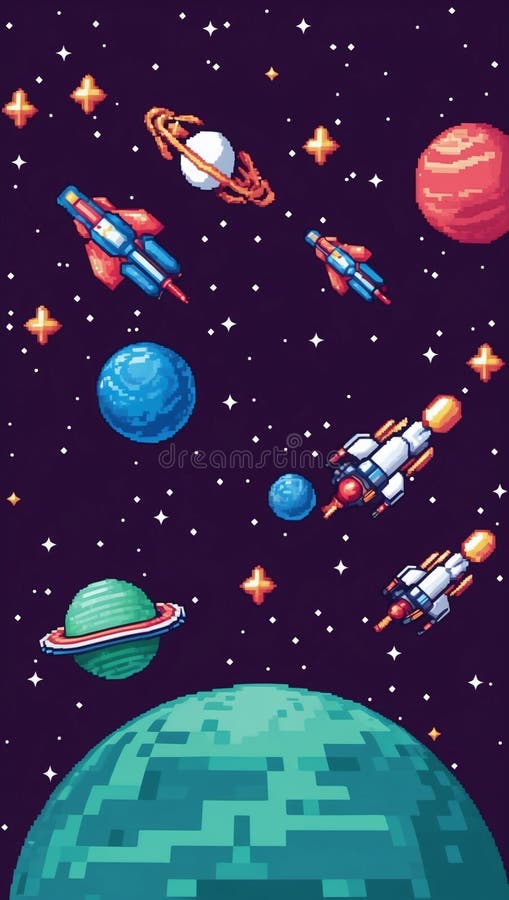 Pixelated Outer Space Scene with Planets, Stars, and Spaceships Vintage ...