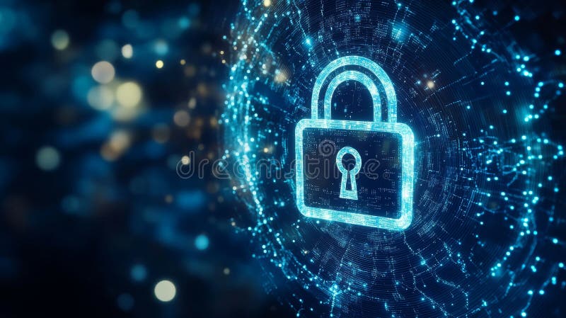 Pixelated Padlock and Data Protection Symbols Appear on a Blue Digital ...