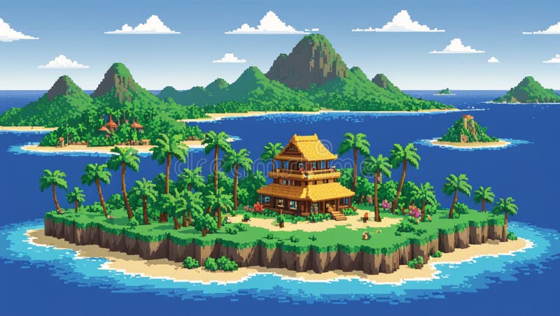 Pixelated Paradise Tropical Island Landscape in 8Bit Style Stock ...
