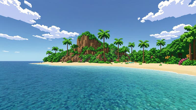 Pixelated Paradise Tropical Island Landscape in 8Bit Style Stock ...