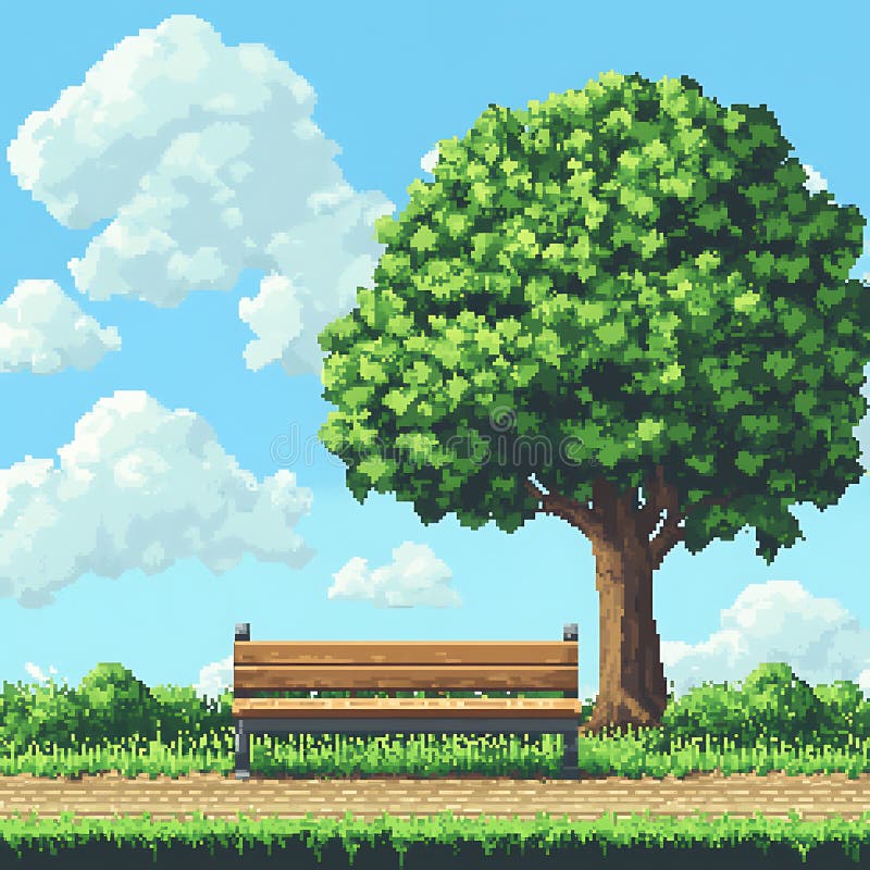Pixelated Park Bench Under a Green Tree with Clouds in the Sky Stock Illustration - Illustration ...