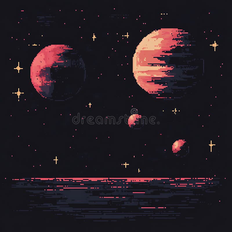 Pixelated Planets and Stars in a Dark Space Background Stock ...