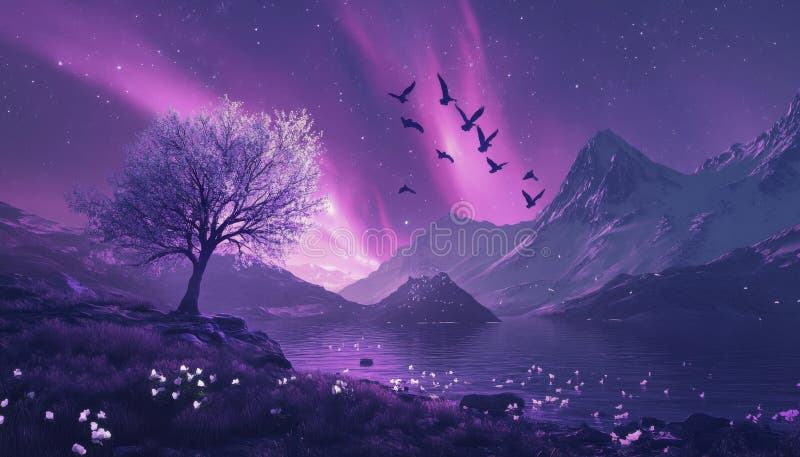 Pixelated Purple Pink Night Landscape with Cherry Blossom Tree and ...