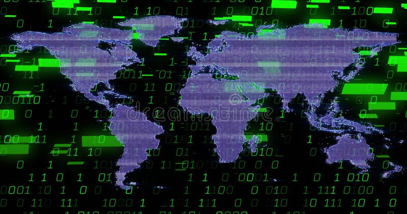 Pixelated Purple World Map Floating on Black UI, Cascading Green Code ...