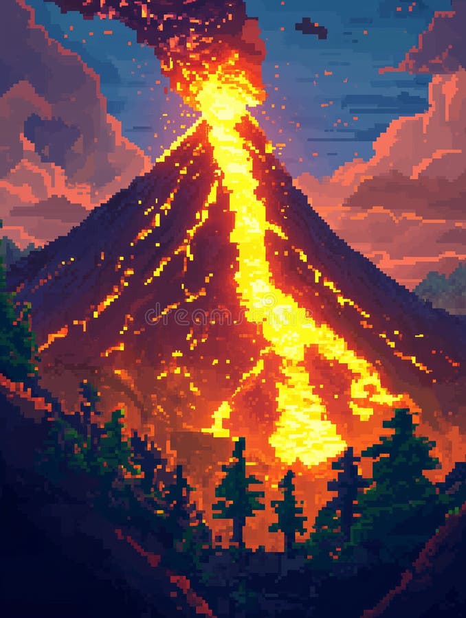Pixelated Representation of a Volcanic Eruption with Glowing Lava ...