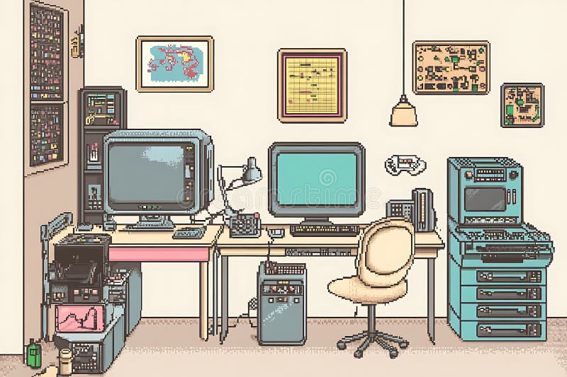 Pixelated Retro Computer Workstation in Home Office Stock Illustration ...