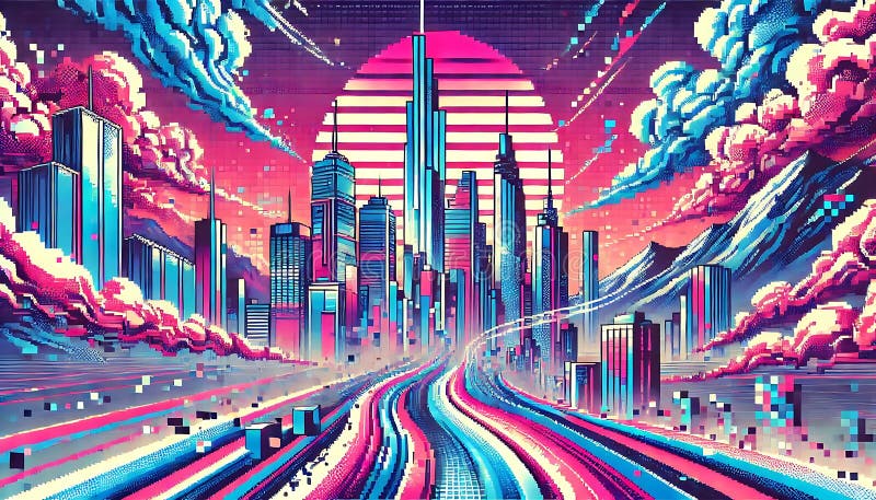 Pixelated Retro Digital Art with Bold Colors and Glitch Effects ...