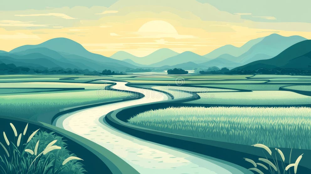 Pixelated Rice Paddies Landscape at Sunset Stock Illustration ...