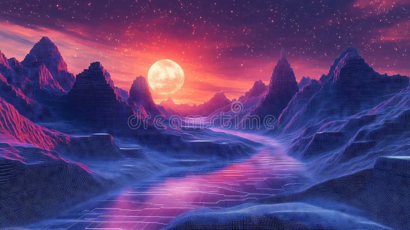 Pixelated River Flowing through a Digital Landscape Stock Photo - Image ...