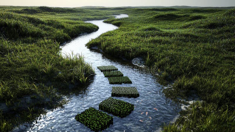 Winding Pixel River through Grassy Plains Nature Scene Digital Art ...