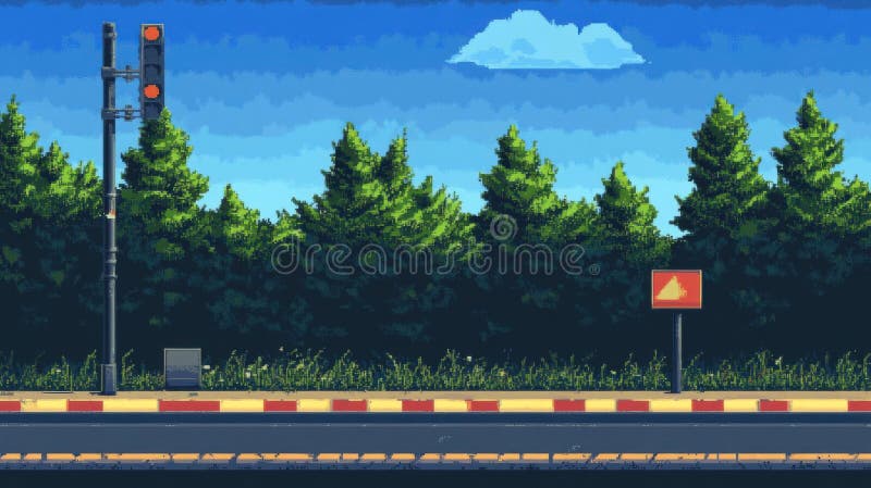 Pixelated Roadside with Traffic Light and Warning Sign Stock ...