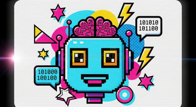 Pixelated Robot Head with Brain and Binary Code Bubbles Pixel Art Retro ...