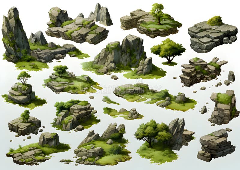 Pixelated Rock Formations with Greenery Featuring Pixel Art Style Trees ...