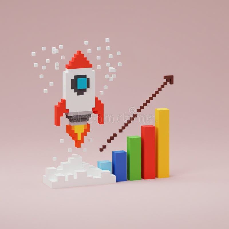 Pixelated Rocket Ascending Alongside a Multicolored Bar Graph ...
