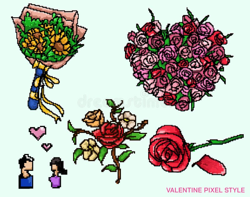 Pixelated Rose Heart and Leafs, Valentines Day.,8 - 16 - Bit 8 - 16 ...