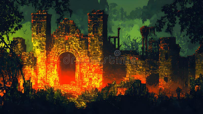 Pixelated Ruins of Ancient Castle in Dark Forest Landscape with Pixel ...