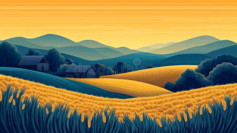 Pixelated Rural Landscape at Sunset Stock Illustration - Illustration ...