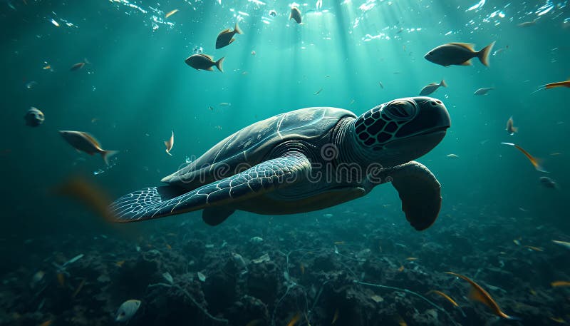 Pixelated Sea Turtle Floating through the Sunlight Underwater Scene in ...