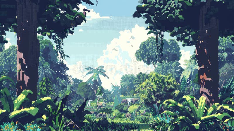 Pixelated Serene Forest Landscape with Wildlife and Clear Skies Stock ...