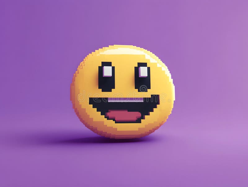 Pixelated Smiley Face Emoticon in 3D Rendering on Purple Background ...