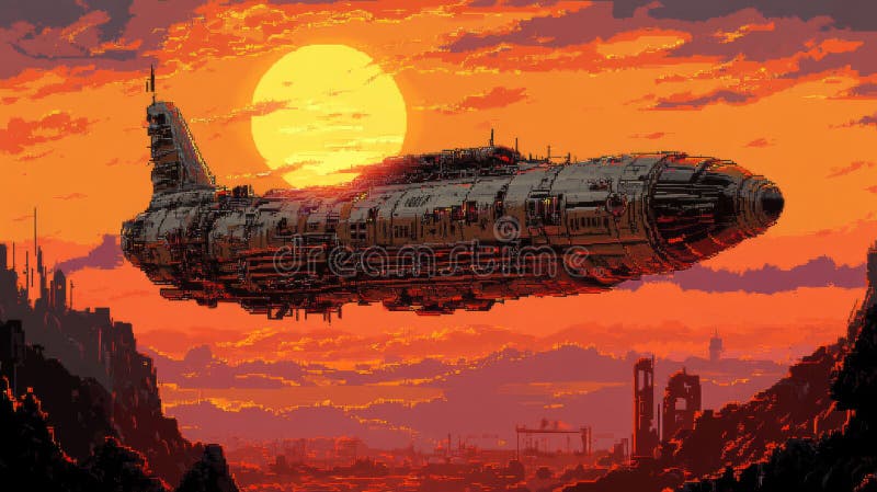 Pixelated Spaceship Flying Over a Burning City at Sunset with Orange ...