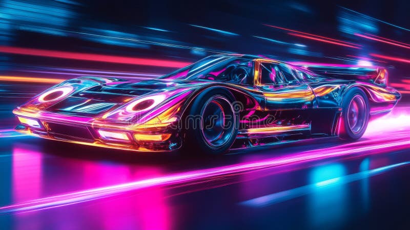 Pixelated Sports Car at Night with Neon Lights Stock Illustration ...