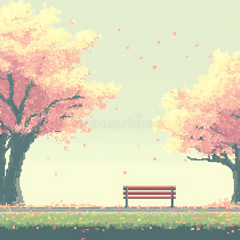 Pixelated Spring Landscape with a Bench Stock Illustration ...