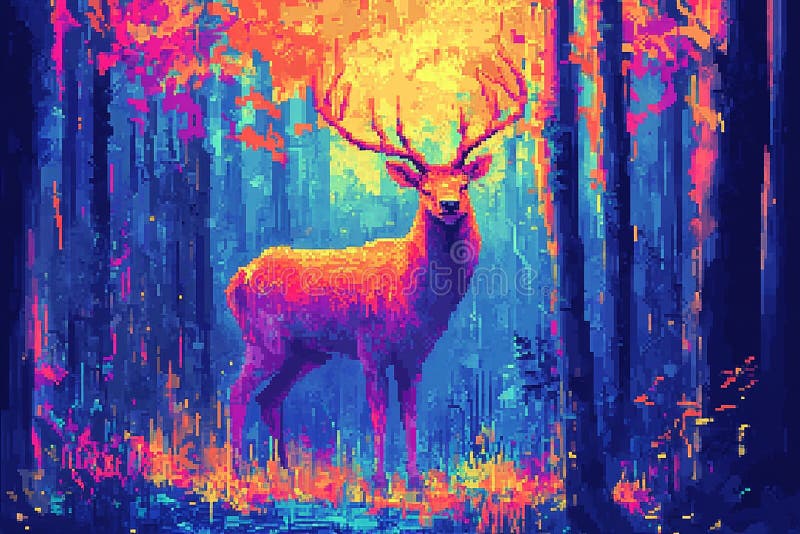 Pixelated Stag: Standing in a Neon Forest Stock Illustration ...