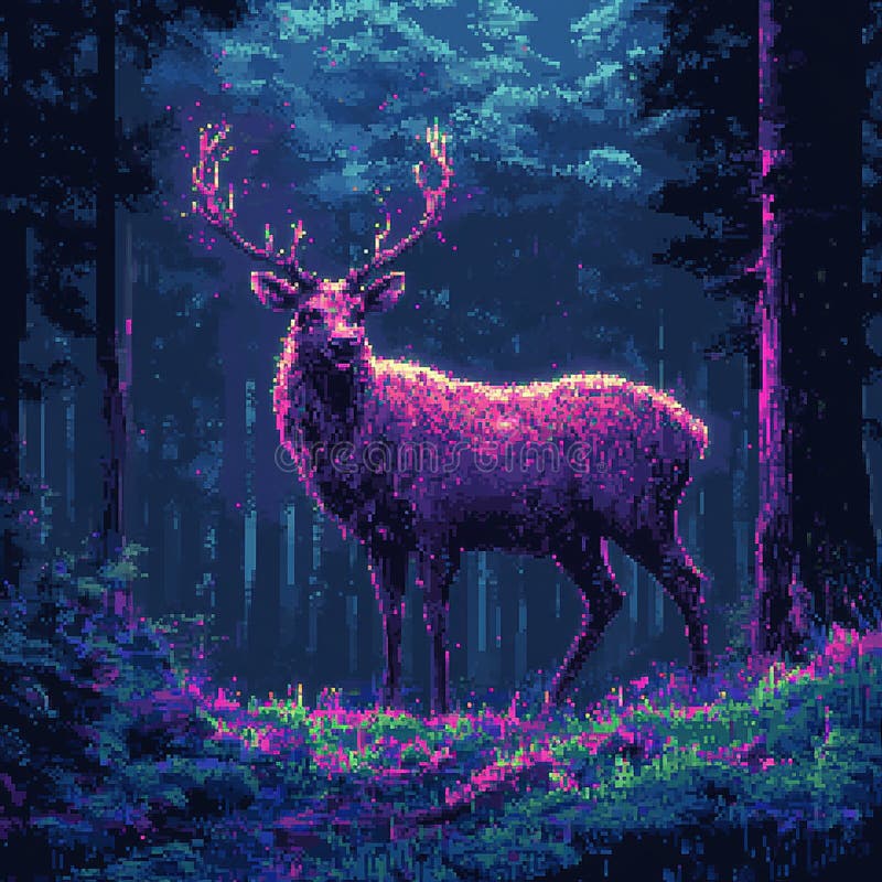 Pixelated Stag: Standing in a Neon Forest Stock Illustration ...
