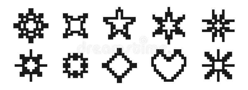 Pixelated Star and Flower Element Set. Black 8-bit Pixel Art Collection ...