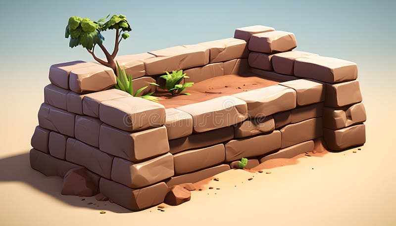 Pixelated Stone Structure with Small Plants and Sandy Soil Under Bright ...