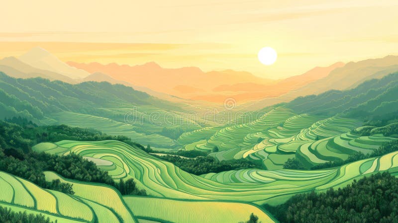 Pixelated Sunrise Over Terraced Rice Fields Stock Illustration ...
