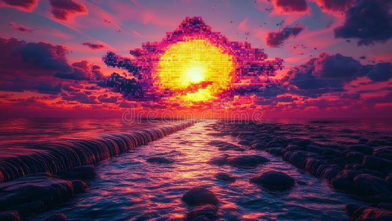 Pixelated Sunset Cloud Over Ocean Waterscape Dramatic Vibrant Colors ...