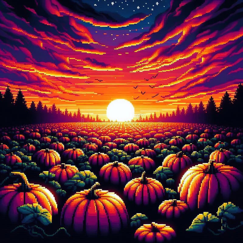 Pixelated Sunset Create a Pixel Art Image of a Sunset Over a Fie Stock ...