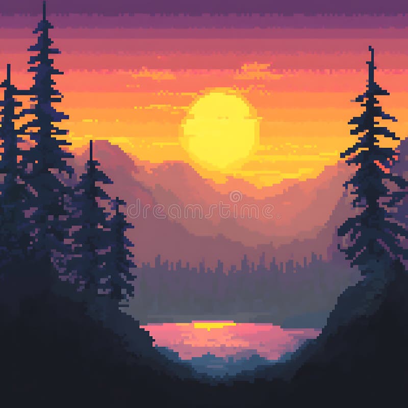 Pixelated Sunset Landscape with Silhouetted Trees Stock Illustration ...