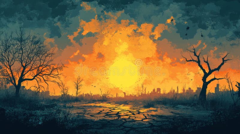 Pixelated Sunset Over Burnt Landscape Stock Illustration - Illustration ...